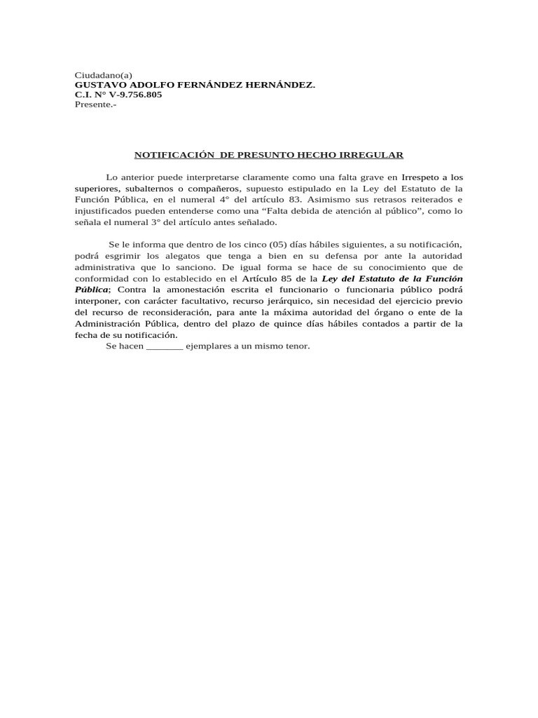 Notificación de Irrespeto Laboral | PDF | Derecho