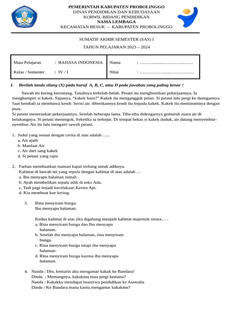 Soal Sas Bahasa Indonesia KLS 4 Ganjil - 094225 | PDF