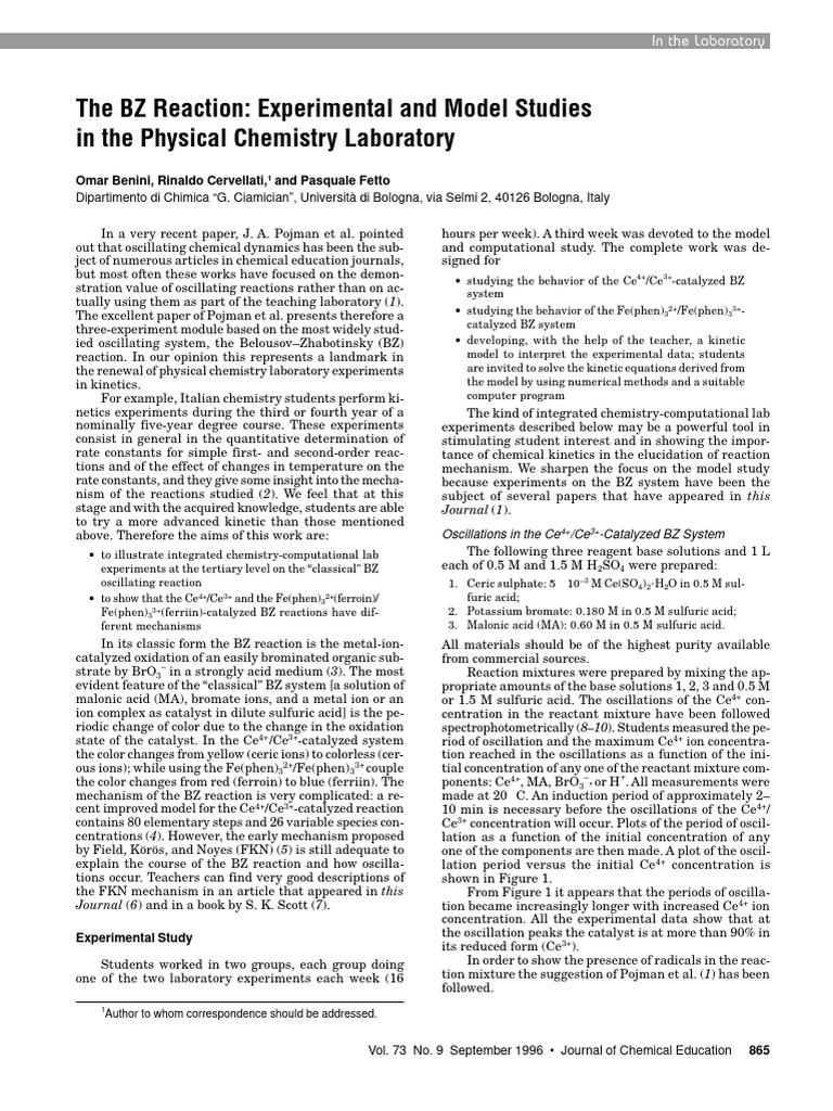 The BZ Reaction Experimental and Model S | PDF | Chemical Reactions ...