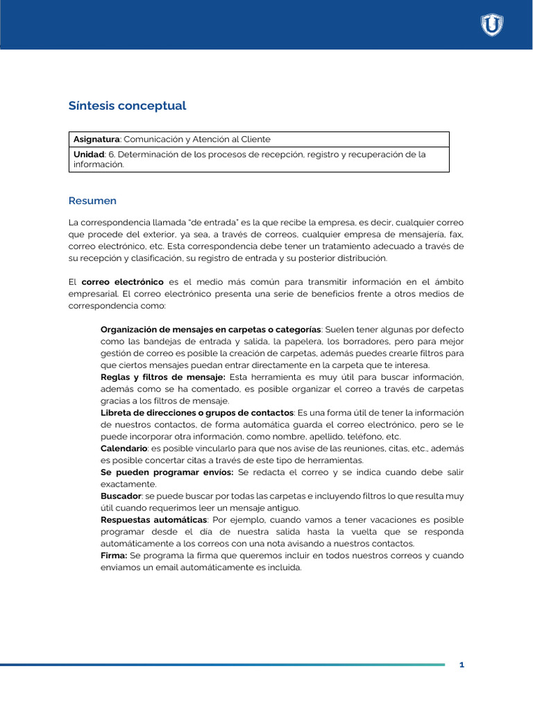 U6 RESUMEN Determinación de Los Procesos de Recepción, Registro y Recuperación de La Información ...