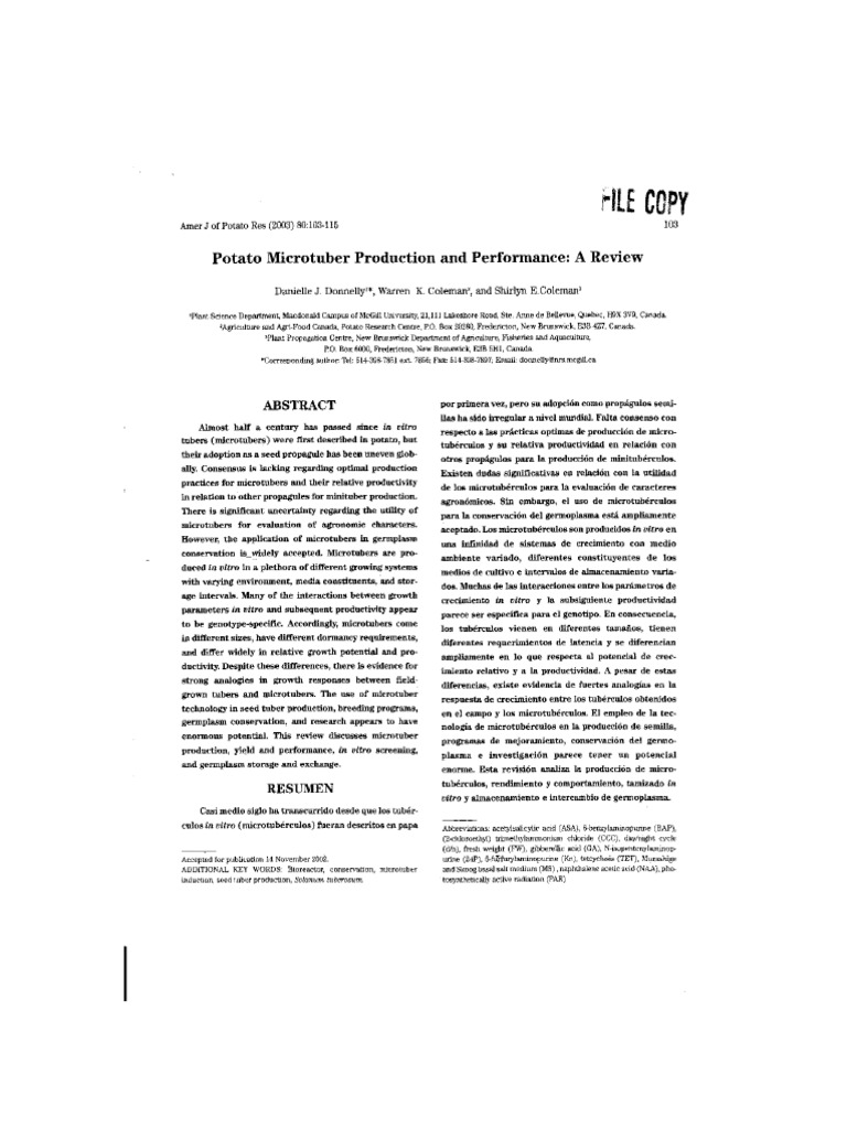 Potato Microtuber Production and Performance A Rev | PDF