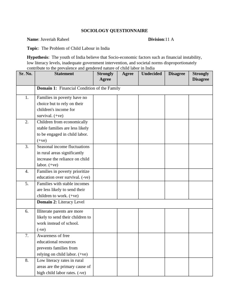 Juveriah Raheel 11A Sociology Questionnaire | PDF | Child Labour | Socioeconomic Status
