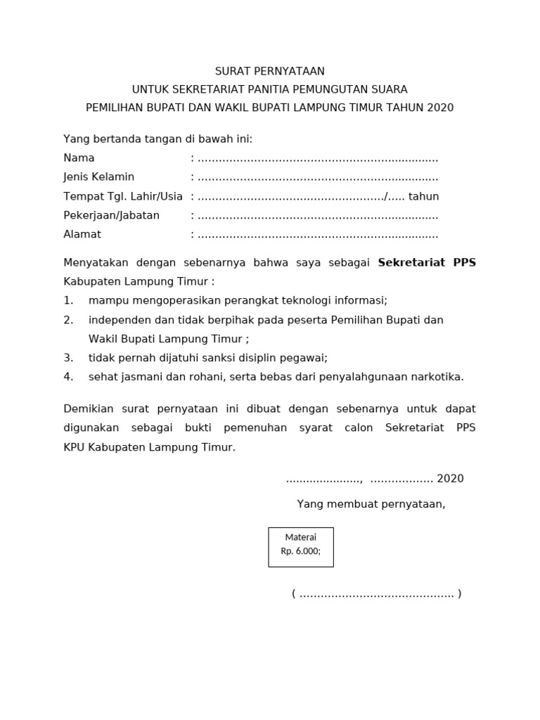SURAT PERNYATAAN Calon Sekretariat PPS | PDF