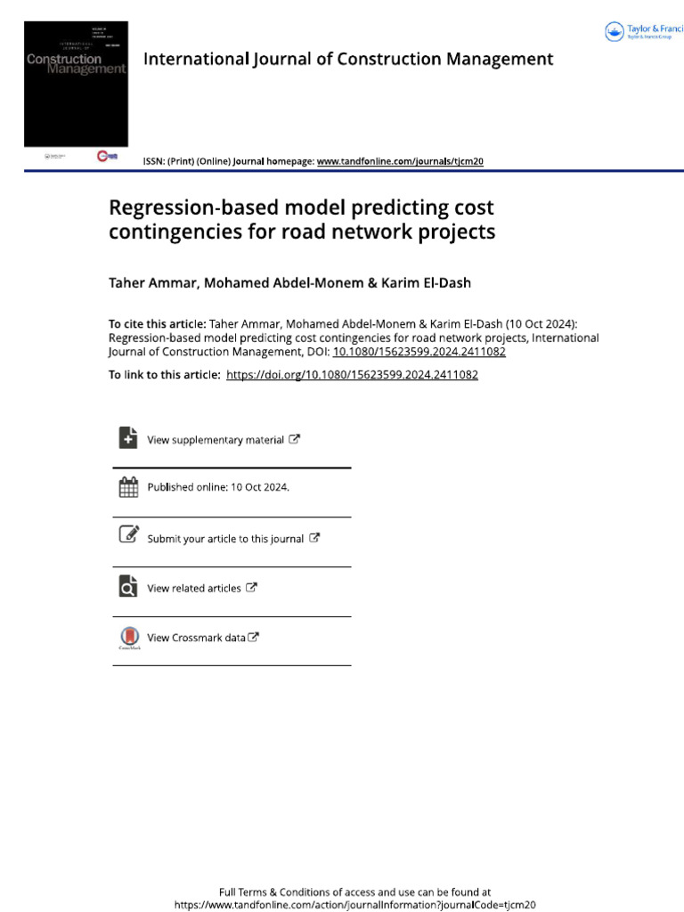 Regression-Based Model Predicting Cost Contingencies For Road Network Projects | PDF