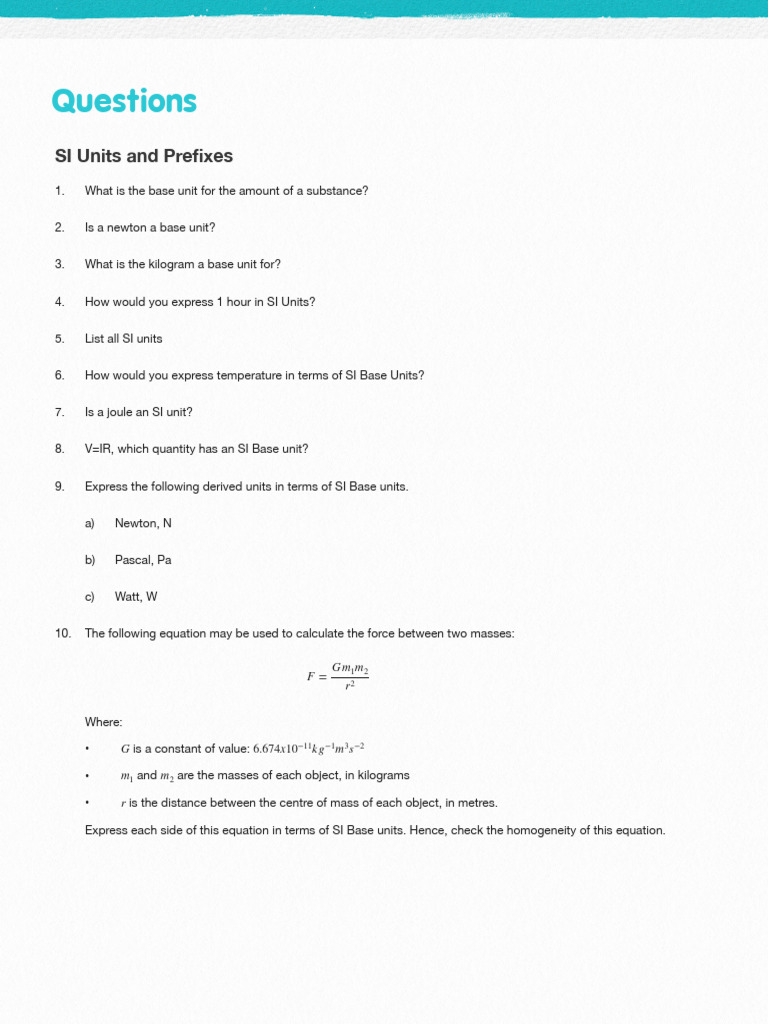 SI Units Practice Questions and Answers | PDF