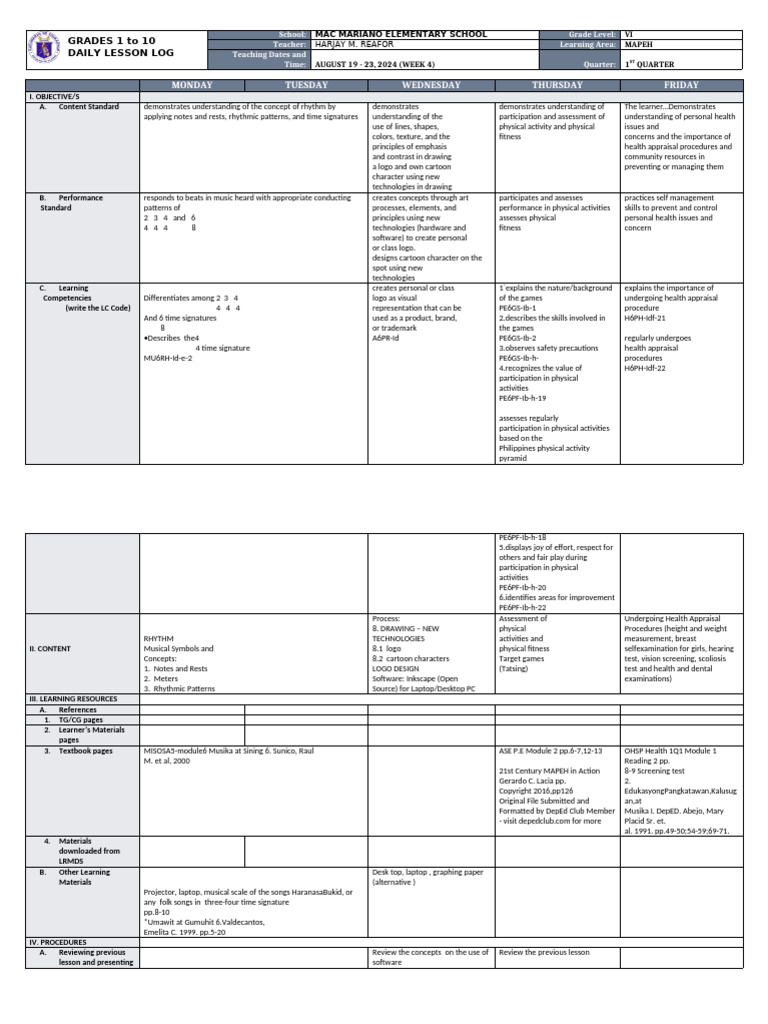 DLL - Mapeh 6 - Q1 - W4 | PDF | Learning | Teachers