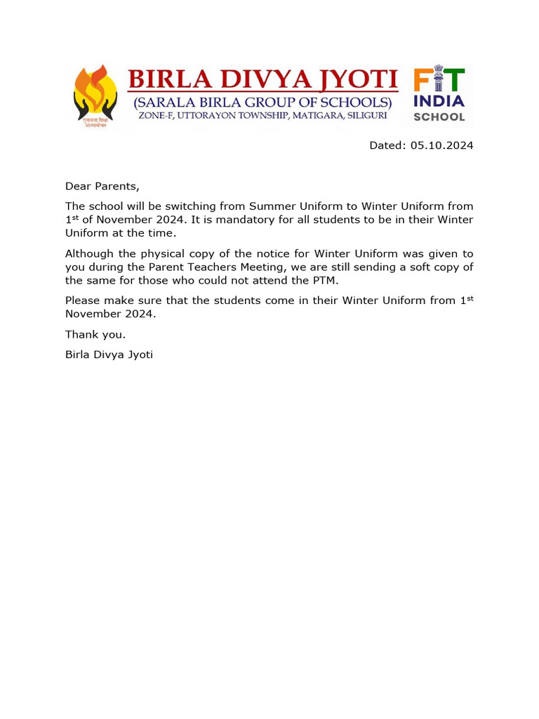 Jaipuria School Winter Uniform Notice | PDF