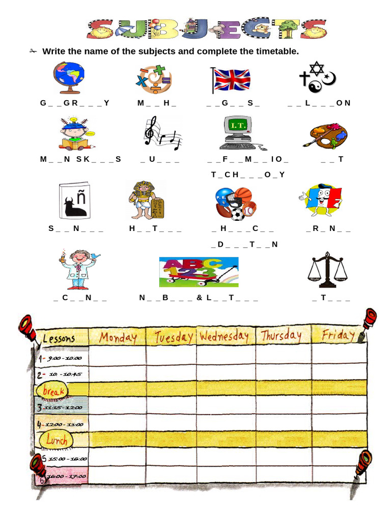Subjects at School and Timetables 61099 | PDF | Language Arts & Discipline