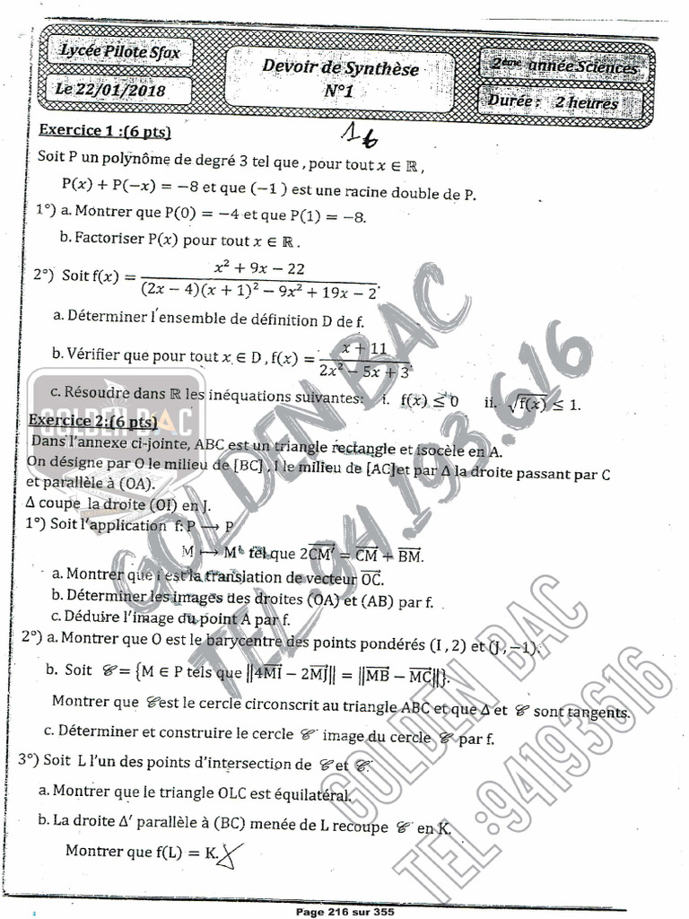 Devoir de Synthese N1 - Mathematiques - Lycee Pilote Sfax - Golden Bac | PDF