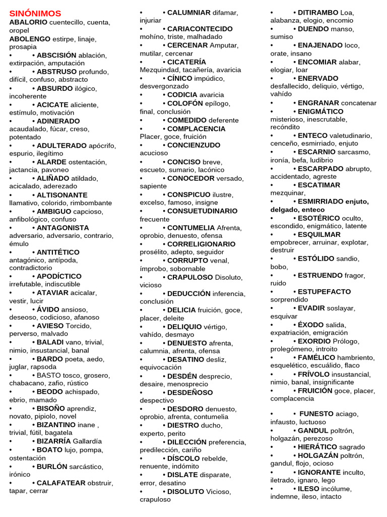 Lista de Sinónimos en Español | PDF