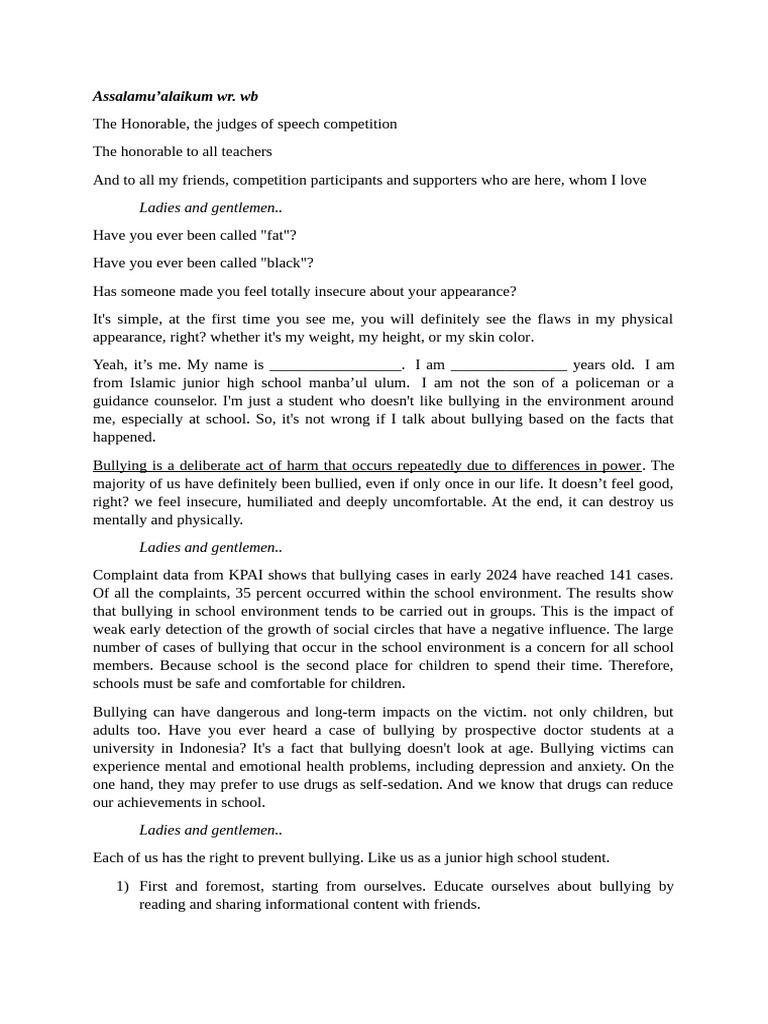 Speech Against School Bullying | PDF | Bullying | Social Psychology