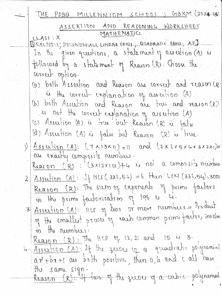 15 STD 10 Math Assertion and Reasoning WS 24-251722241934 | PDF
