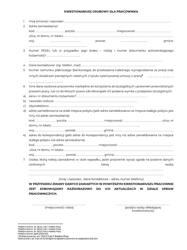 Kwestionariusz Dla Pracownika | PDF