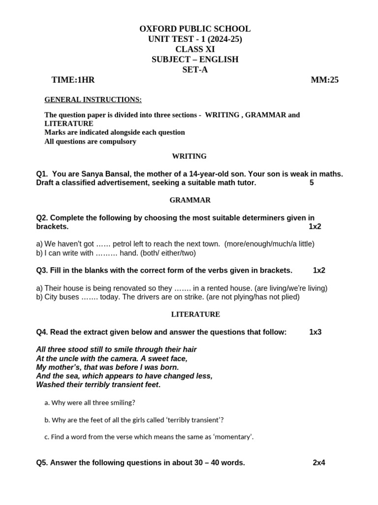 Ut1 Eng Class Xi (2024-25) | PDF | Linguistics