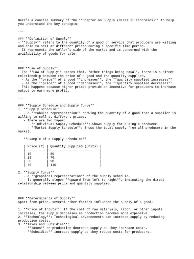Class 11 Economics: Supply Overview | PDF | Supply (Economics ...