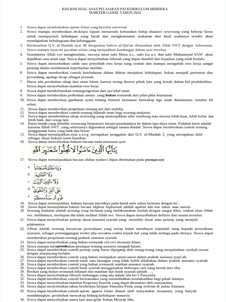 Kisi-Kisi ASAS PAI Kls X SMT Ganjil 2024 | PDF