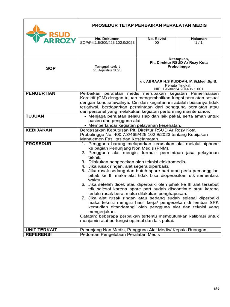 005 SOP Perbaikan Alat Medis | PDF