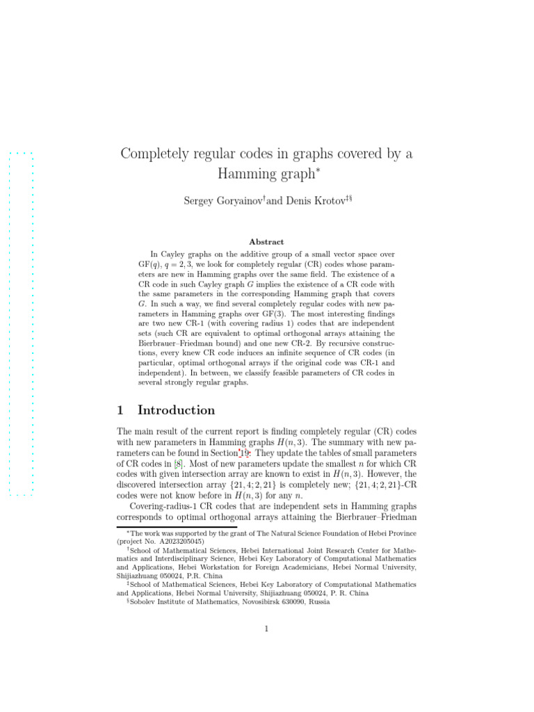 Completely Regular Codes in Graphs Covered by A Hamming Graph | PDF | Mathematical Relations ...