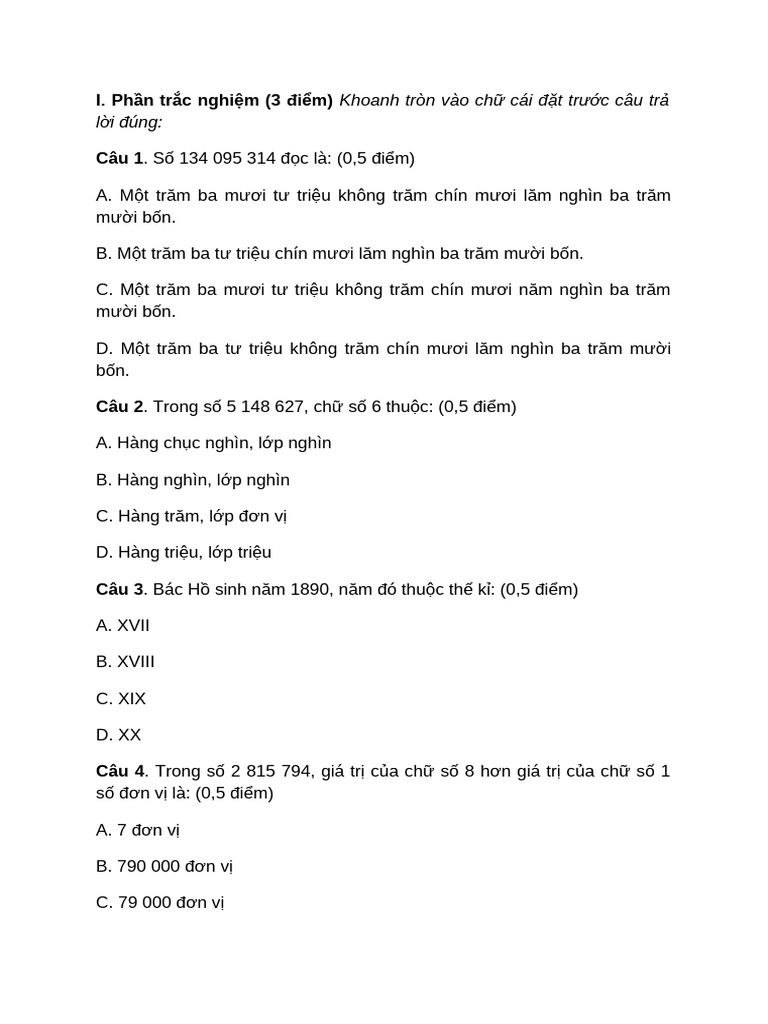 ĐỀ ÔN TẬP TOÁN LỚP 4 HK1 | PDF