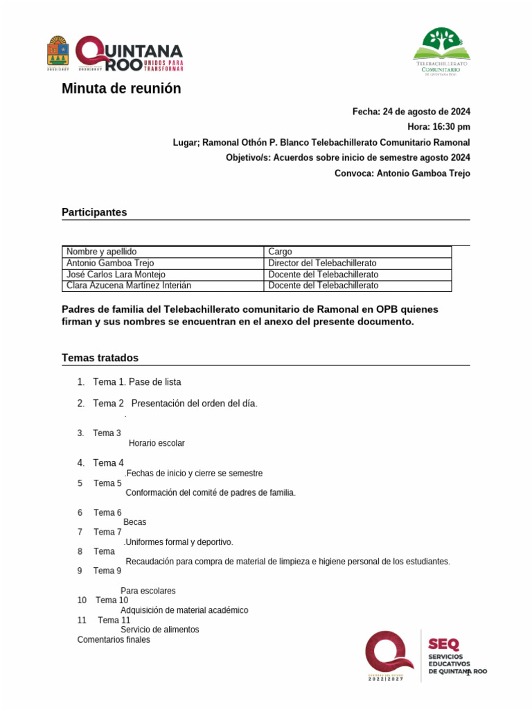 Minuta 24 Agosto 2024 | PDF | Salud y bienestar