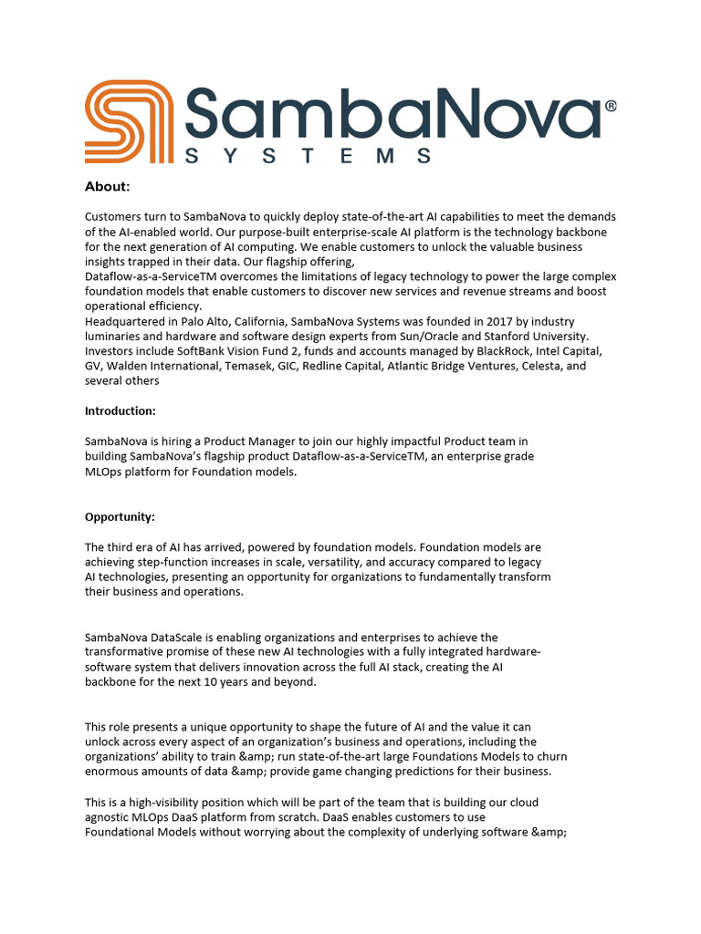 SambaNova Systems - Product Manager | PDF | Cloud Computing | Artificial Intelligence