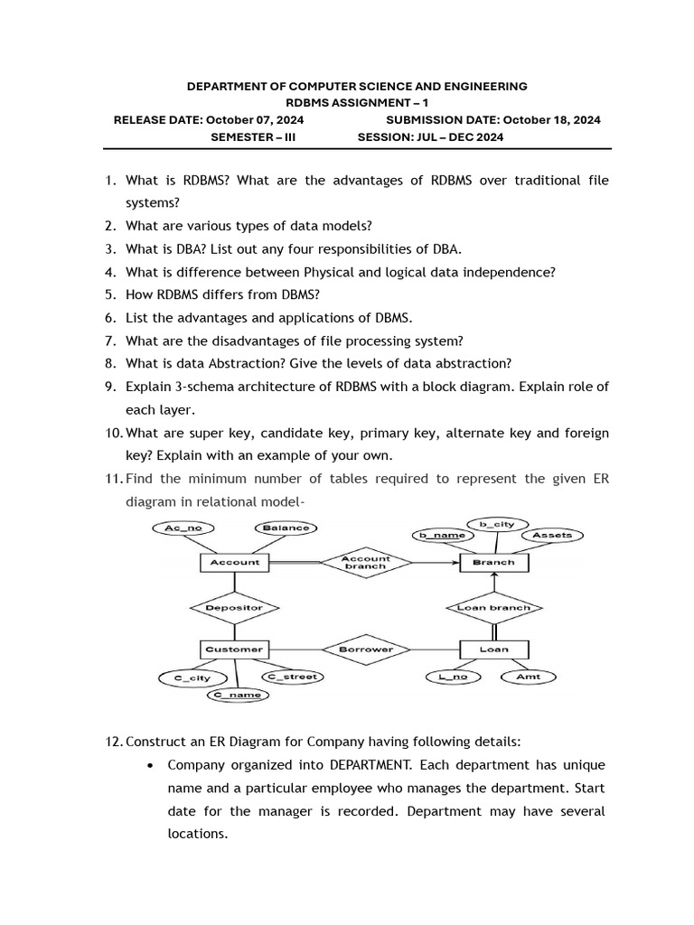 RDBMS Assignment1 - Oct 2024 | PDF | Relational Model | Relational Database