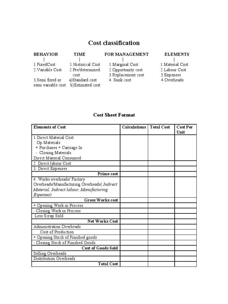 Cost Sheet Format | PDF