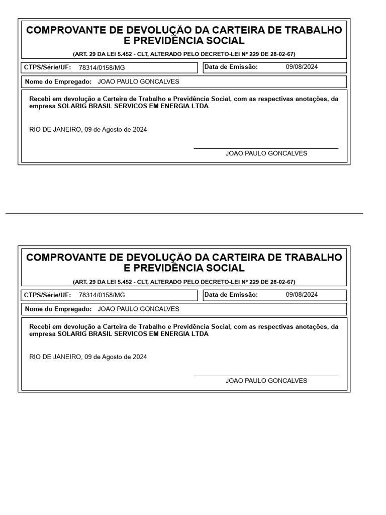 Comprovante de DevoluÃ Ã o CTPS - 2 Vias | PDF