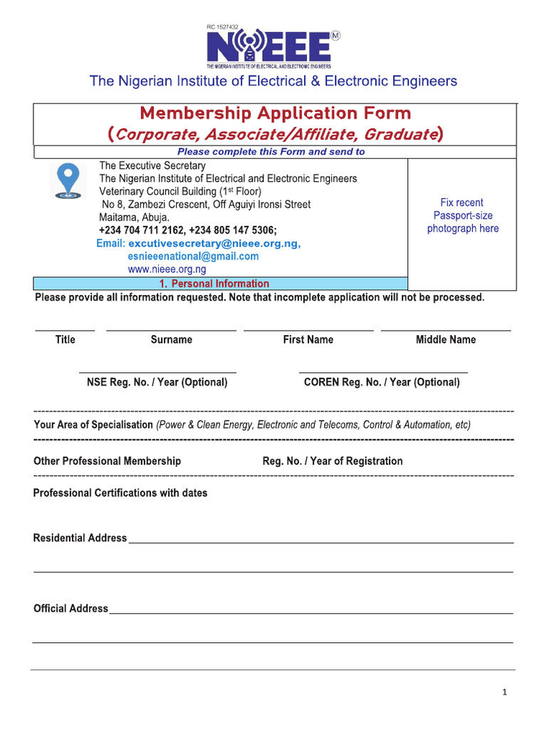 NIEEE Membership Form | PDF