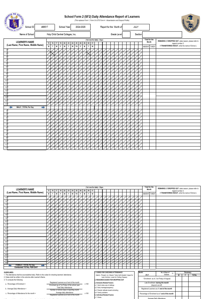 SF2 Attendance Report 2024-2025 | PDF | Childhood | Family