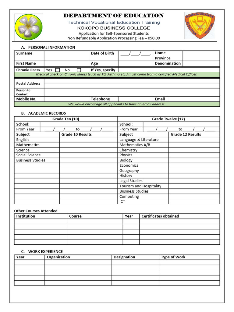 Kokopo Business College Non School Leavers Application Form | PDF | Diploma