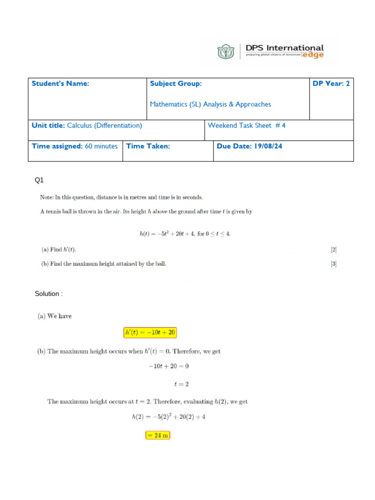 DP2 AA SL Calculus Differentiation Tasksheet 4 MS 1 | PDF | Teaching ...