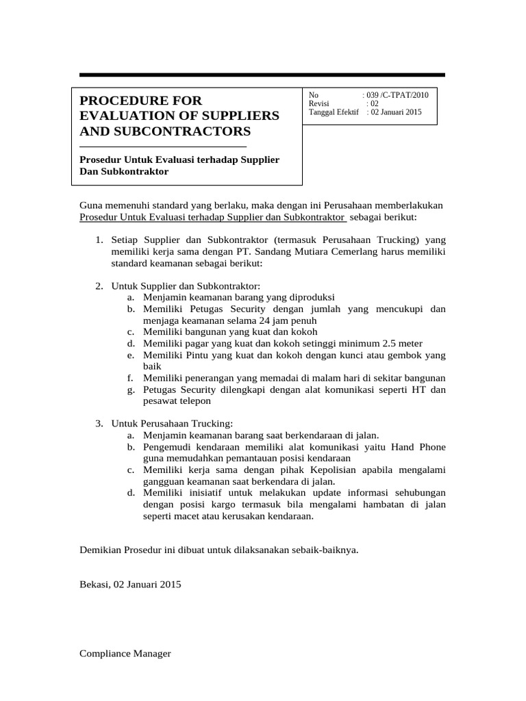 Prosedur Untuk Evaluasi Supplier Dan Subkontraktor Rev02 | PDF