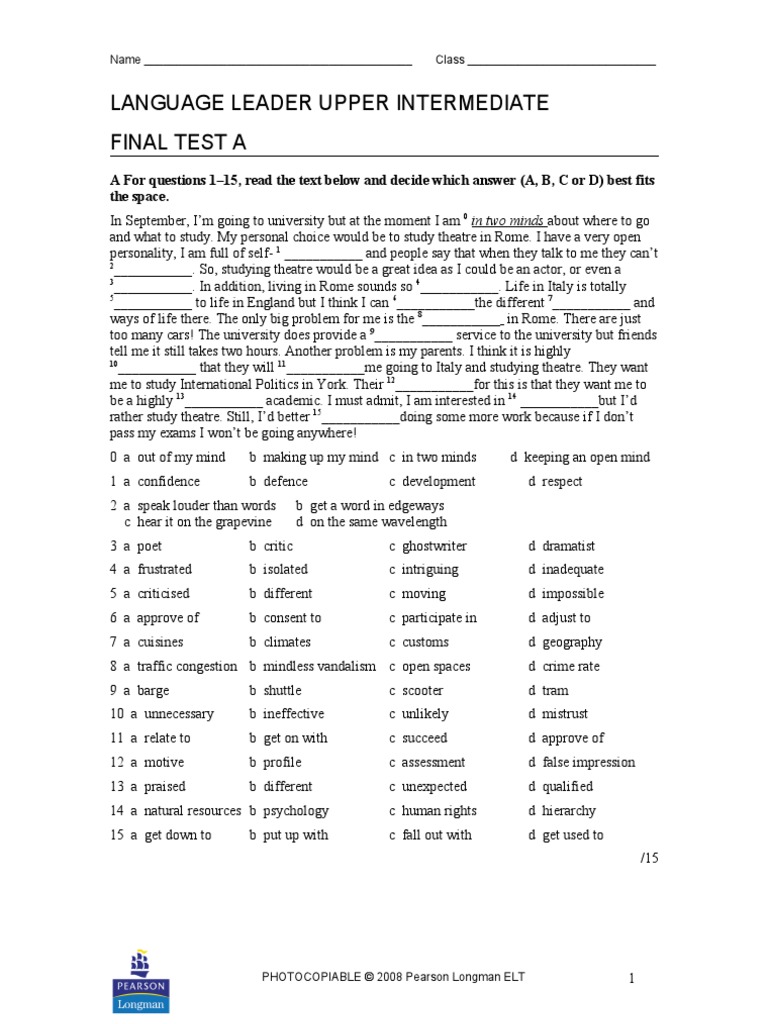 Language Leader Upper Intermediate Final Test A | Download Free PDF ...