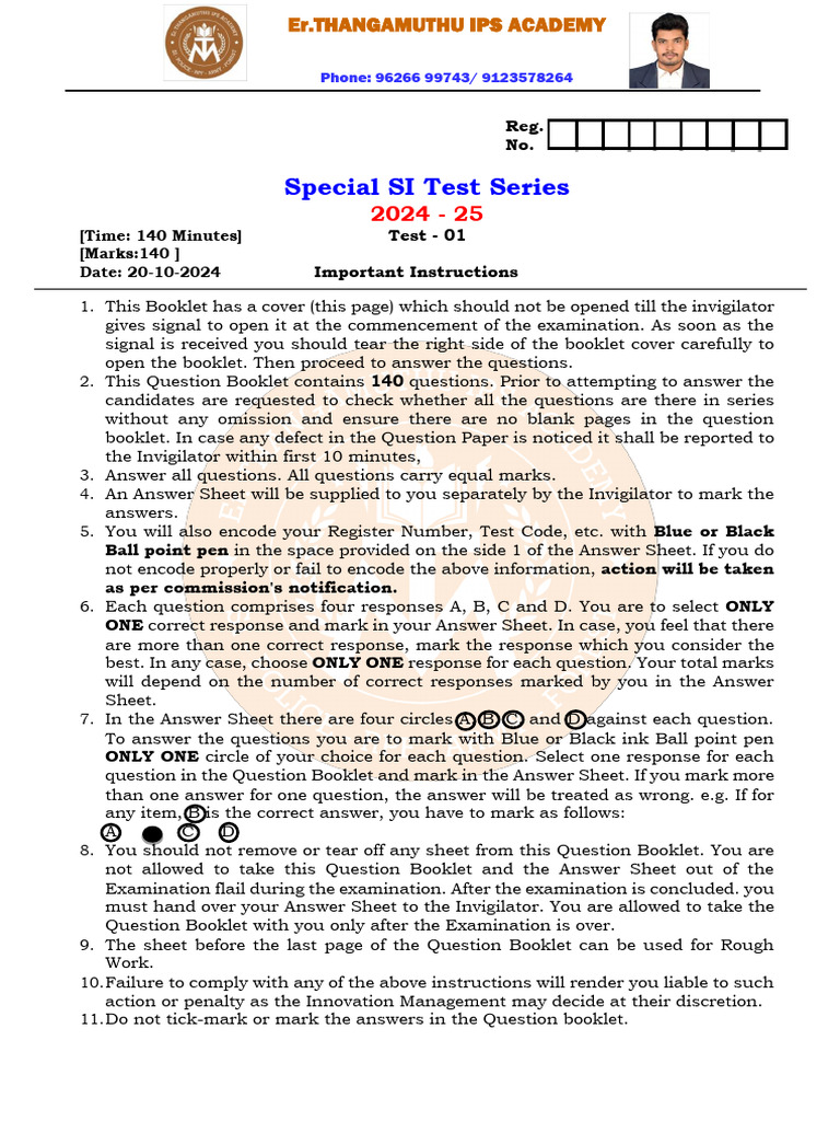 Special Si Test Series-2024-25 Test-01 | PDF