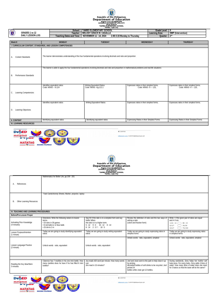 Grade-5-NMP-Quarter-2-Week-8 Intervention | PDF | Ratio | Learning