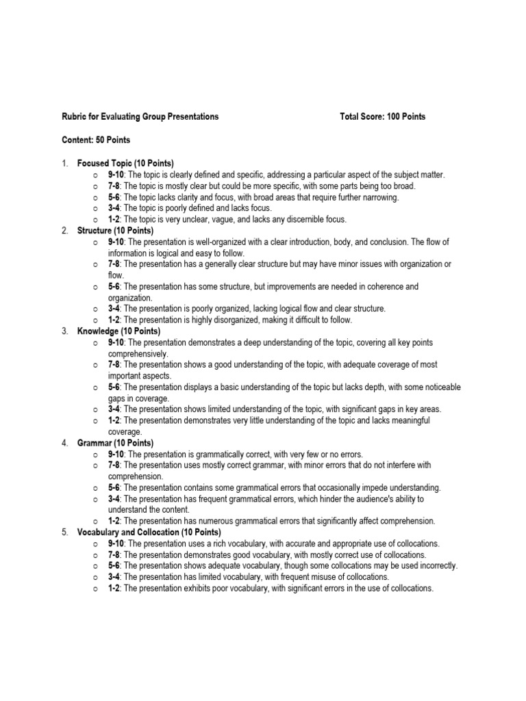 Rubric For Evaluating Group Presentations | PDF | Fluency | Vocabulary