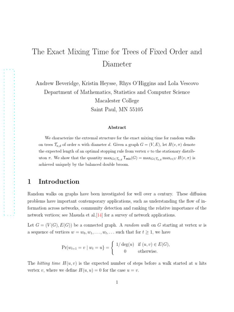 The Exact Mixing Time For Trees of Fixed Order and Diameter | PDF | Mathematics | Graph Theory