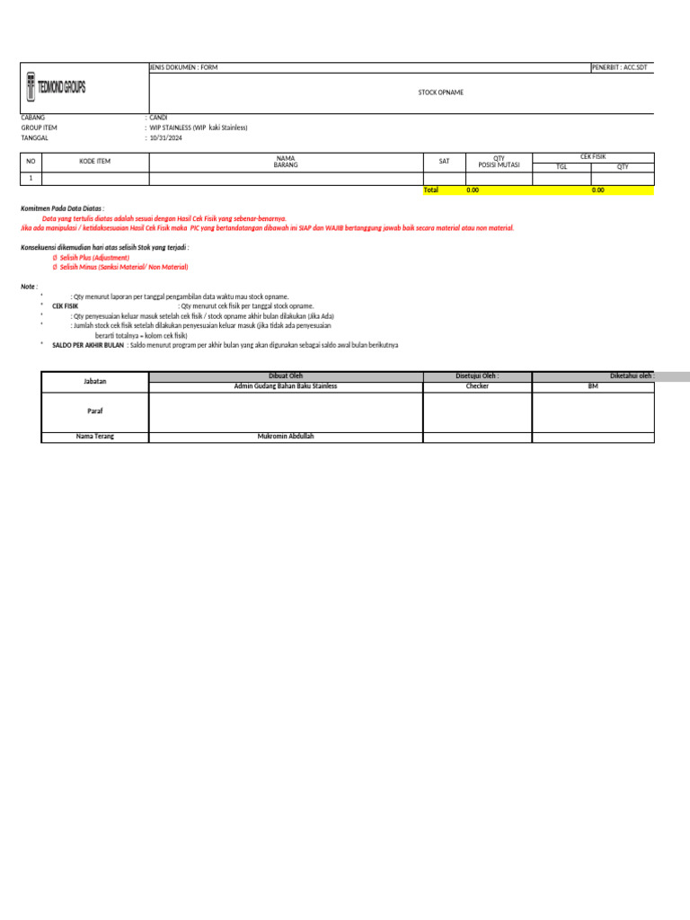 Form Stock Opname WIP Kaki Tangki Stainless | PDF