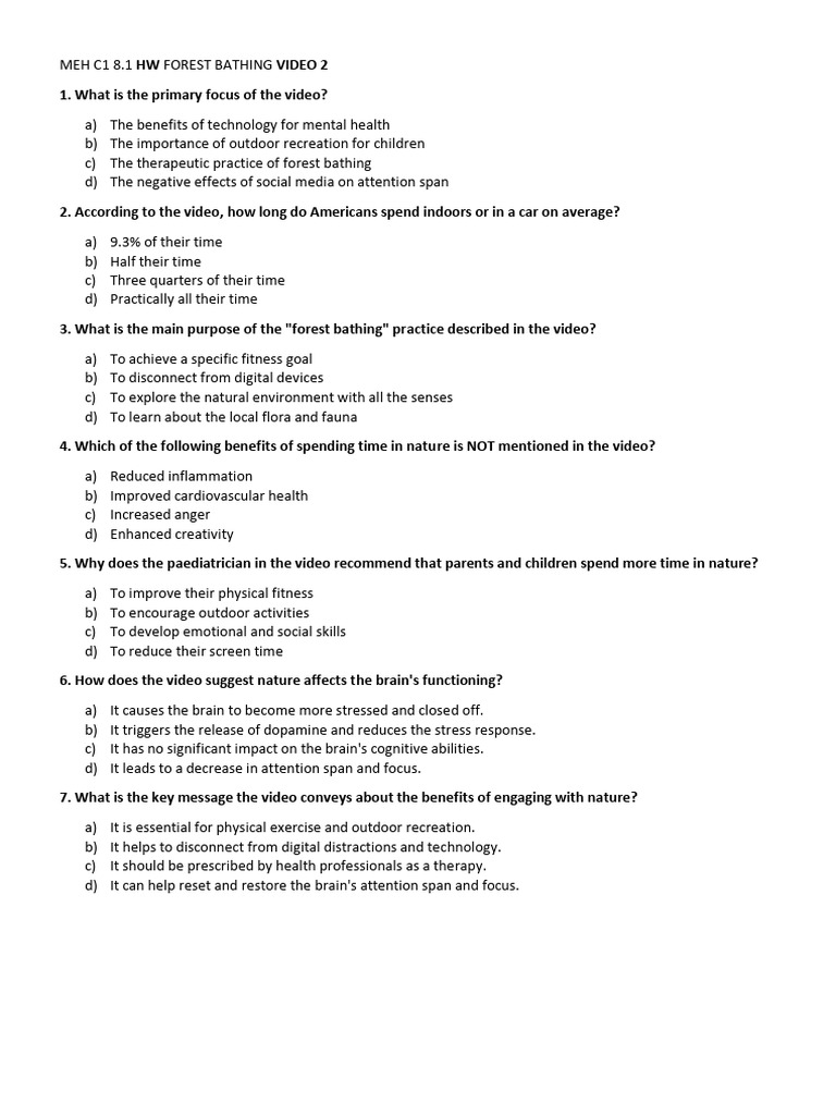 Handout 8.1 HW Forest Bathing Video 2 | PDF