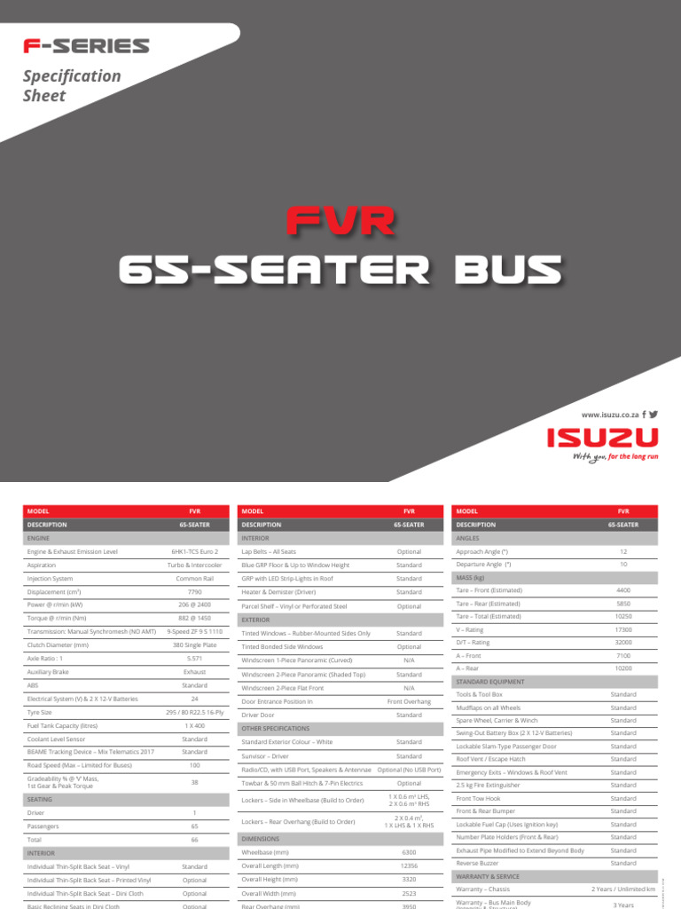 FVR 65 Seater Bus Specification Sheets | PDF | Automotive Industry | Car