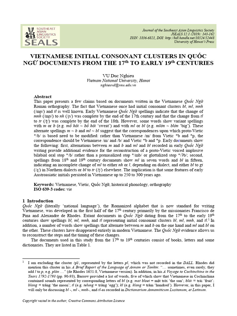 Vietnamese Initial Consonant Clusters in Quốc Ngữ Documents From The ...