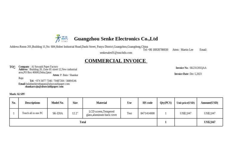 Invoice for Touch PC to Al Suwaidi | PDF