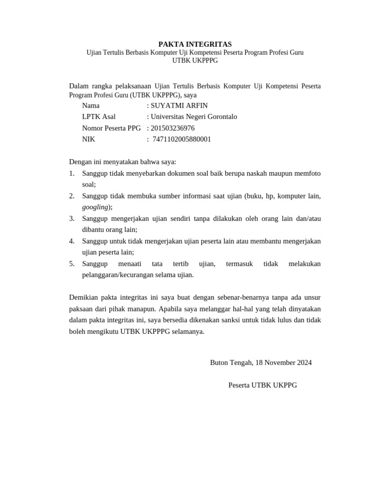 Pakta Integritas Utbk Ukpppg Suyatmi | PDF