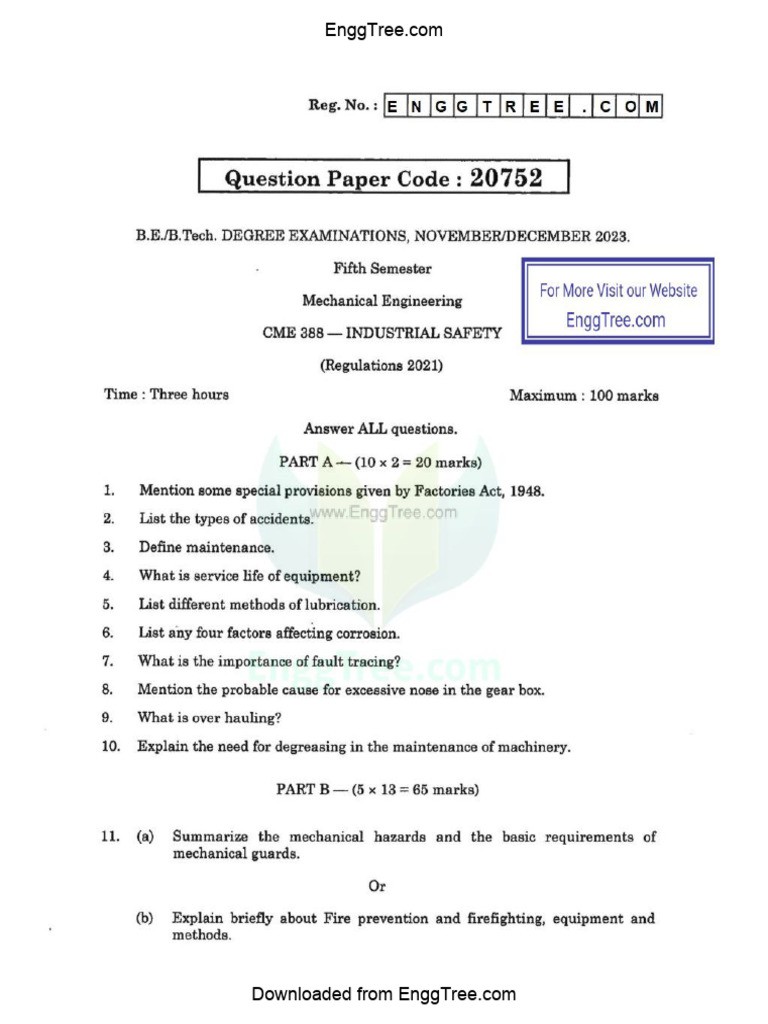 CME388 Industrial Safety Nov Dec 2023 Question Paper Download | PDF