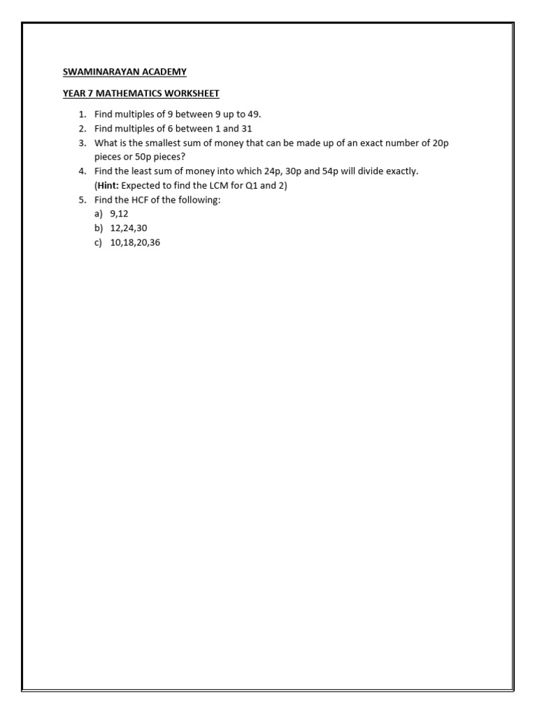 Maths Worksheet Year 7 | PDF