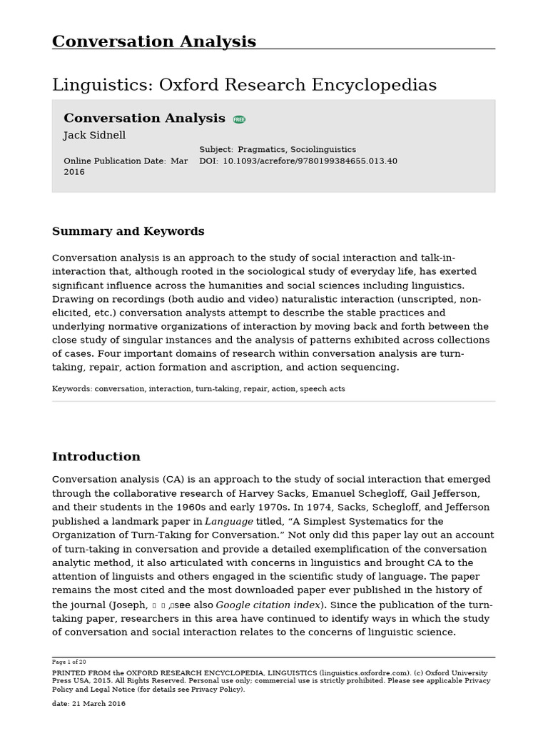 Conversation Analysis in The Oxford Rese | PDF | Linguistics | Question