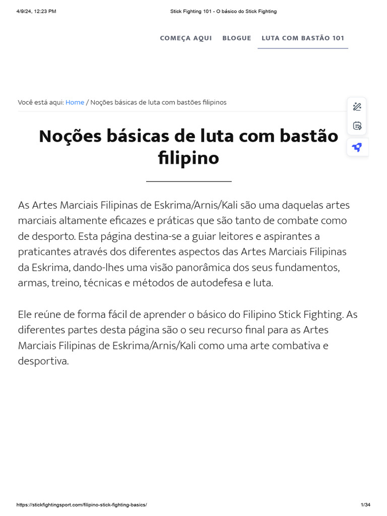 Fundamentos do Stick Fighting Filipino | PDF | Defesa pessoal | Armas Melee