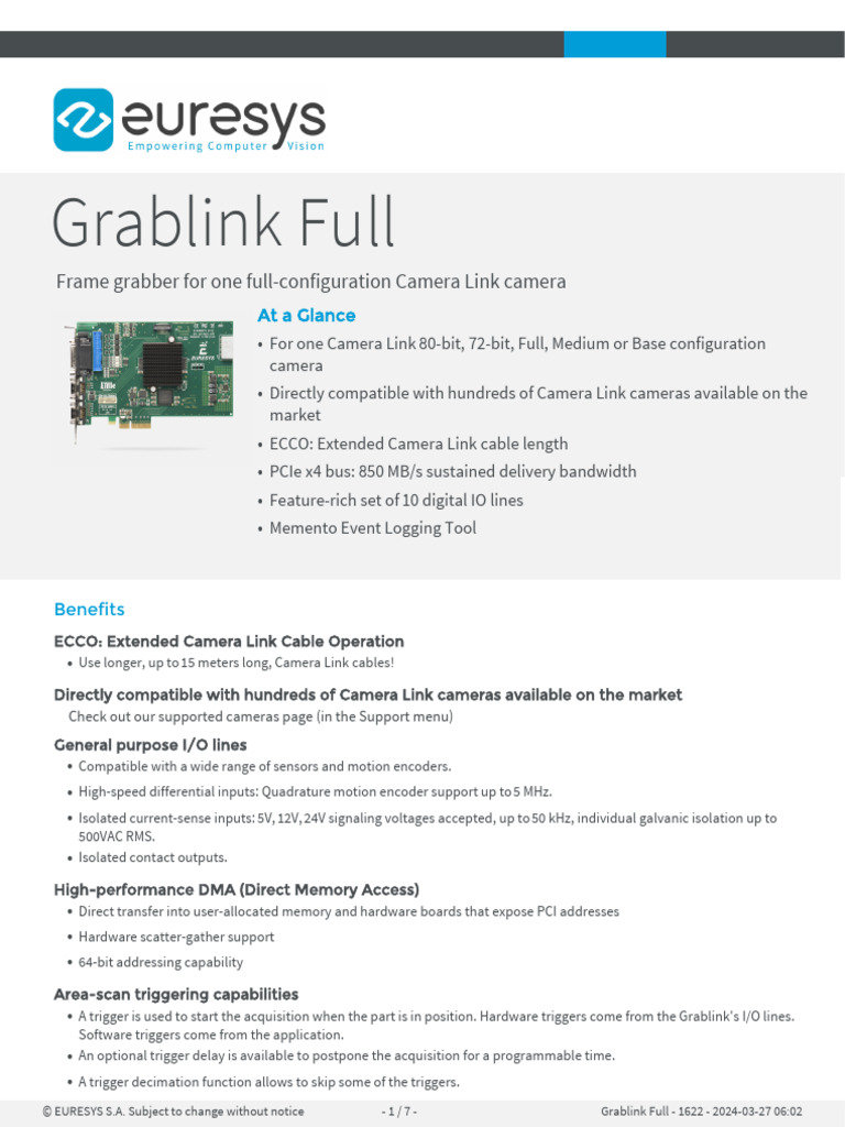 Euresys DataSheet GrablinkFull ENU | PDF | Display Resolution | Computing