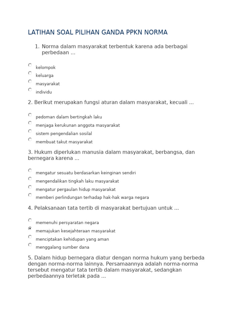 LATIHAN SOAL PILIHAN GANDA PPKN NORMA - Docx 22 | PDF | Politik